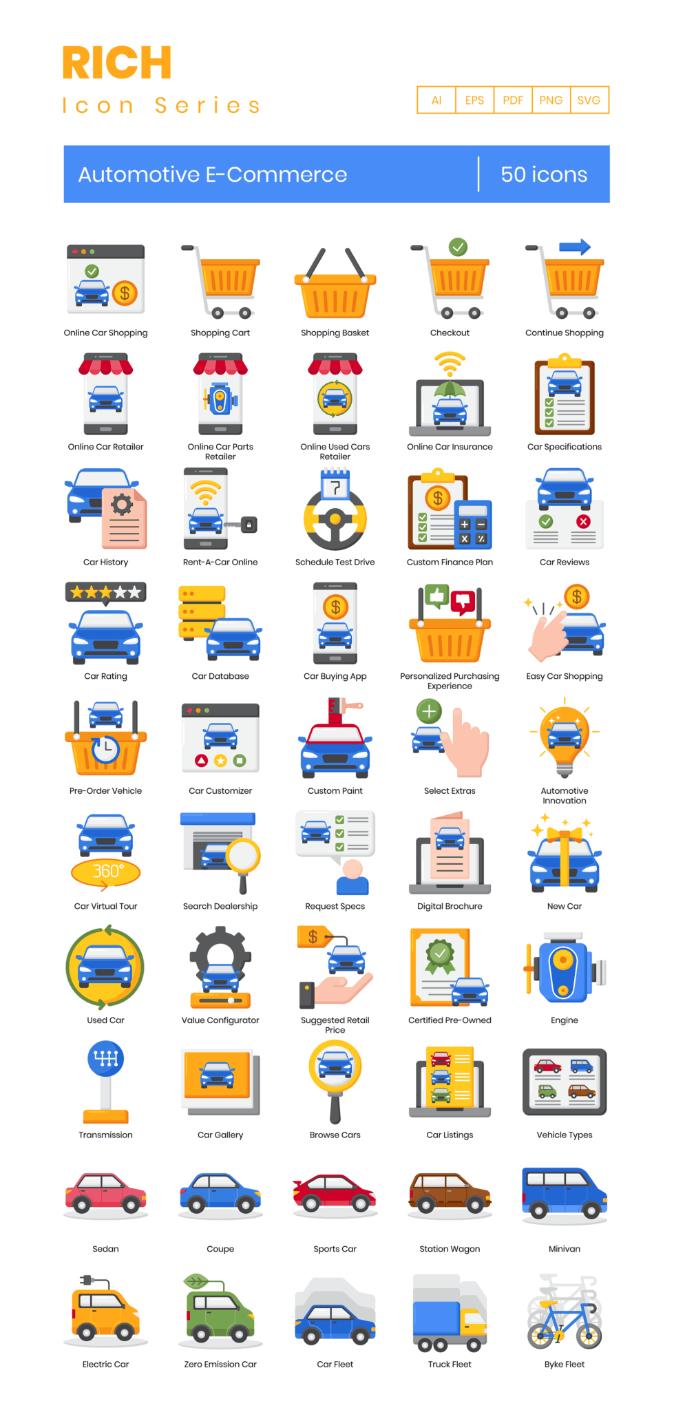 50 Auto Shop Icon Set - Flat Icons