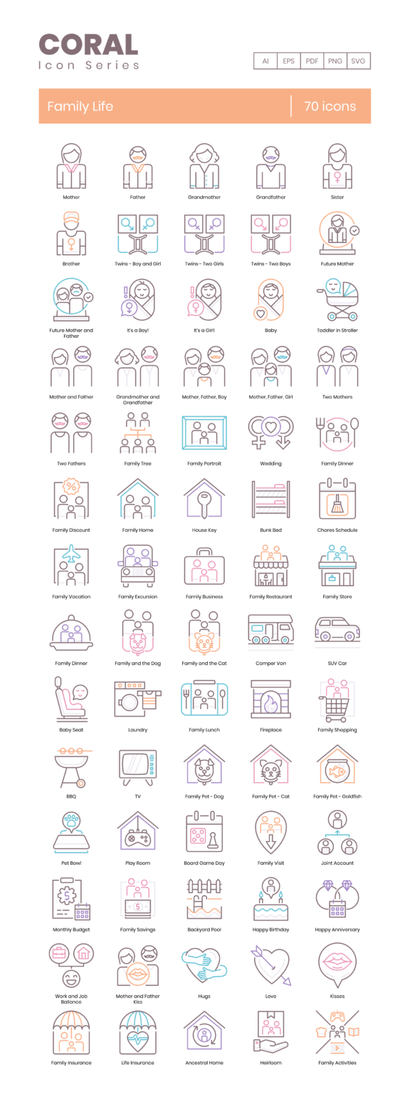 70 Household Icon Set - Flat Icons