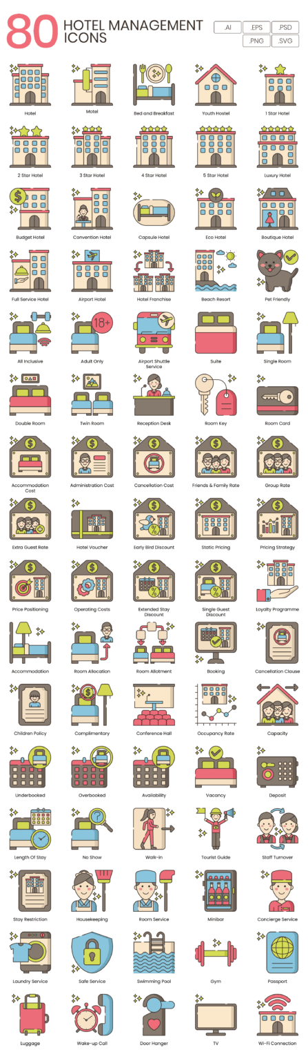 80 Hotel Management Icon Set - Flat Icons