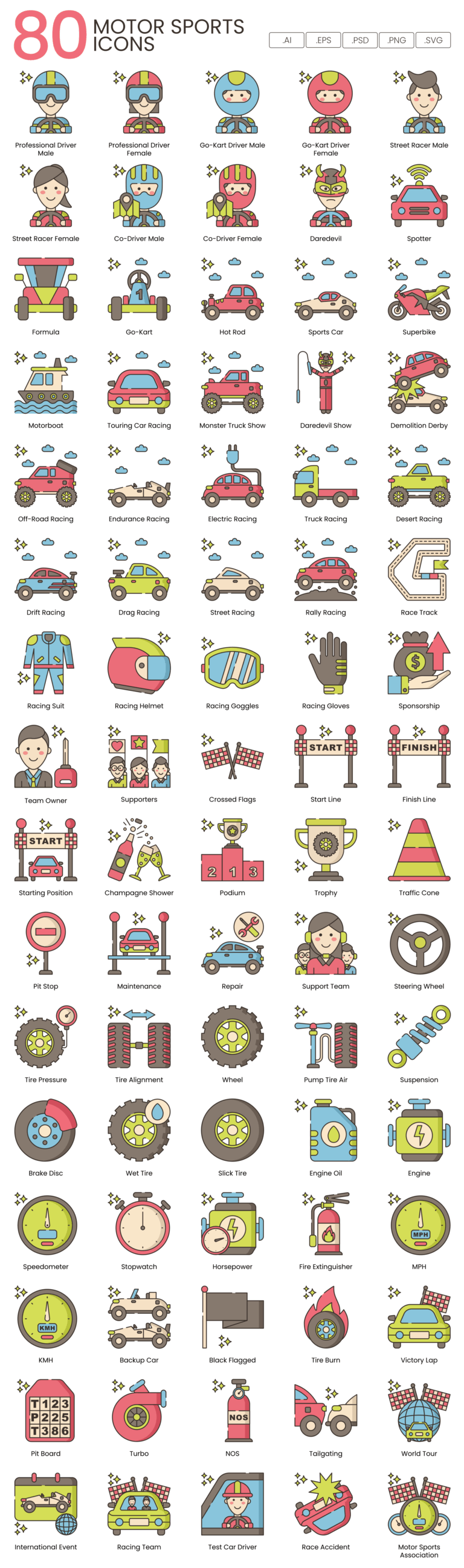 80 Rally Icon Set - Flat Icons