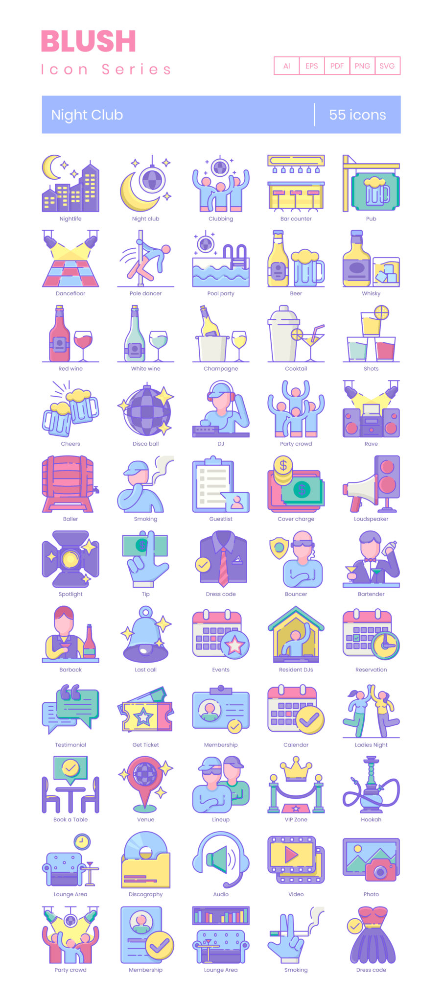 55 Night Club Icon Set - Flat Icons