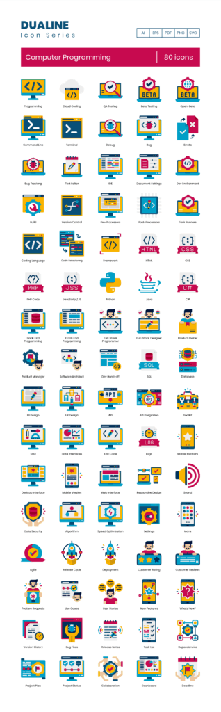 80 Computer Coding Icon Set - Flat Icons