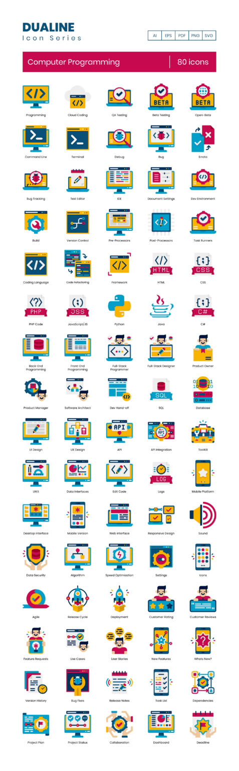 80 Computer Coding Icon Set - Flat Icons