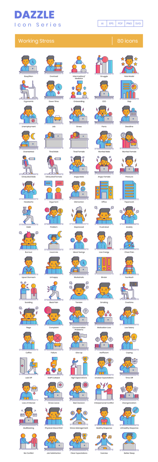 80 Job Strain Icon Set - Flat Icons