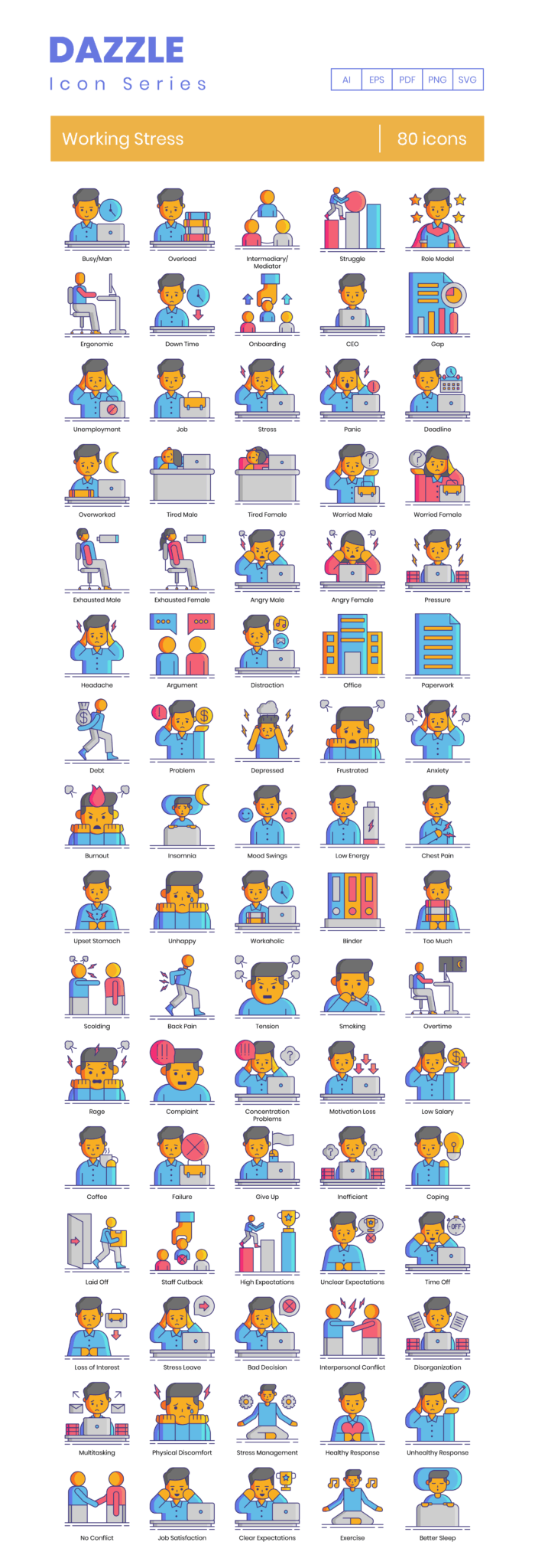 80 Job Strain Icon Set - Flat Icons