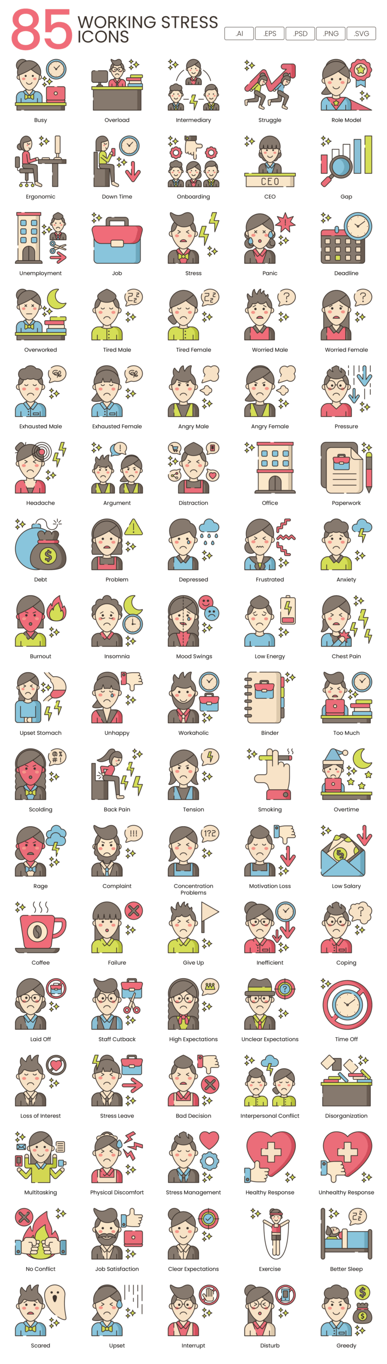 85 Burnout Icon Set - Flat Icons