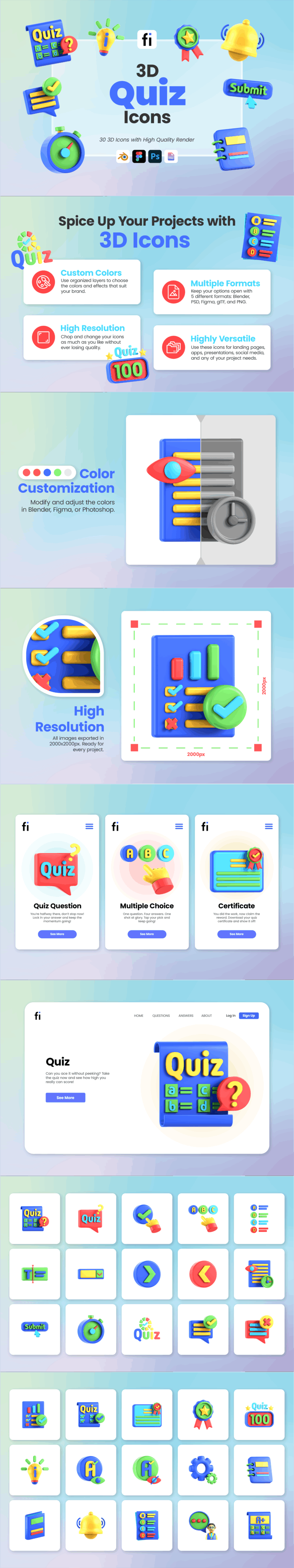 3D Quiz Icon Set - Flat Icons