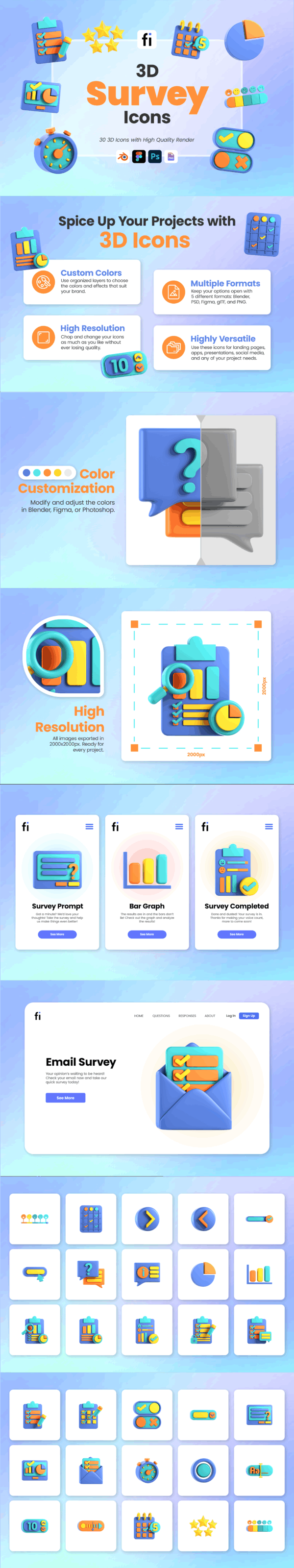 3D Survey Icon Set - Flat Icons