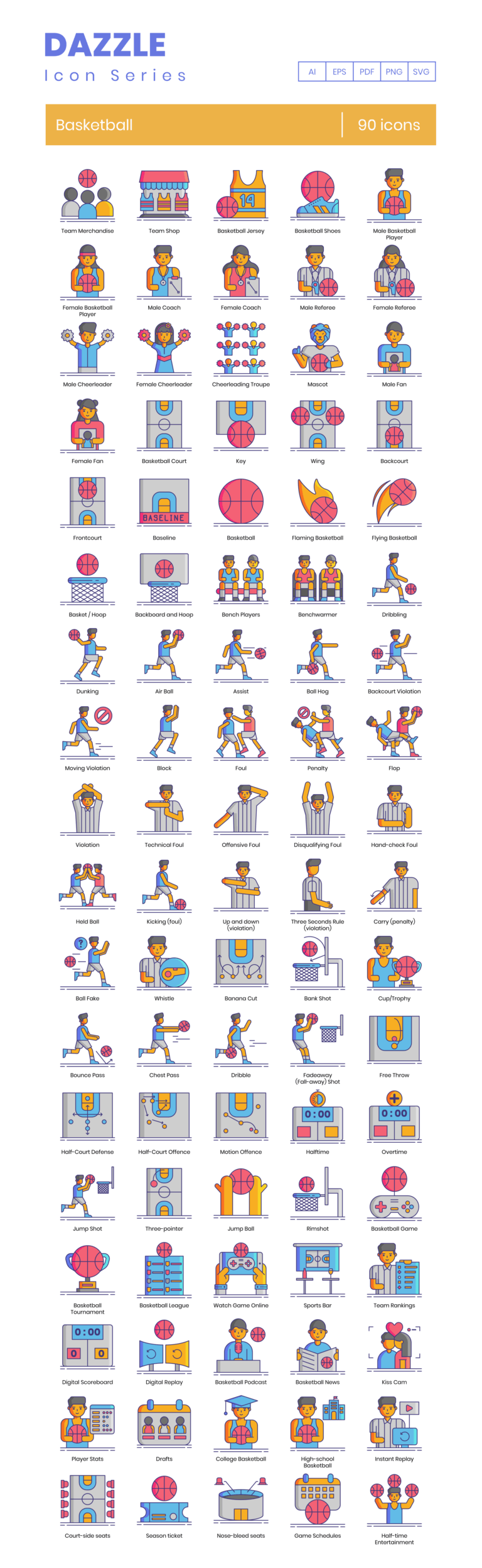 90 Basketball Icon Set - Flat Icons