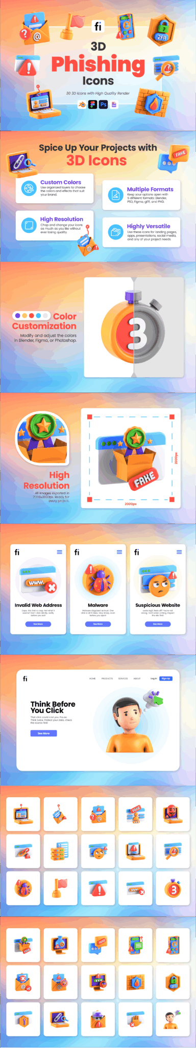 3D Phishing Icon Set - Flat Icons