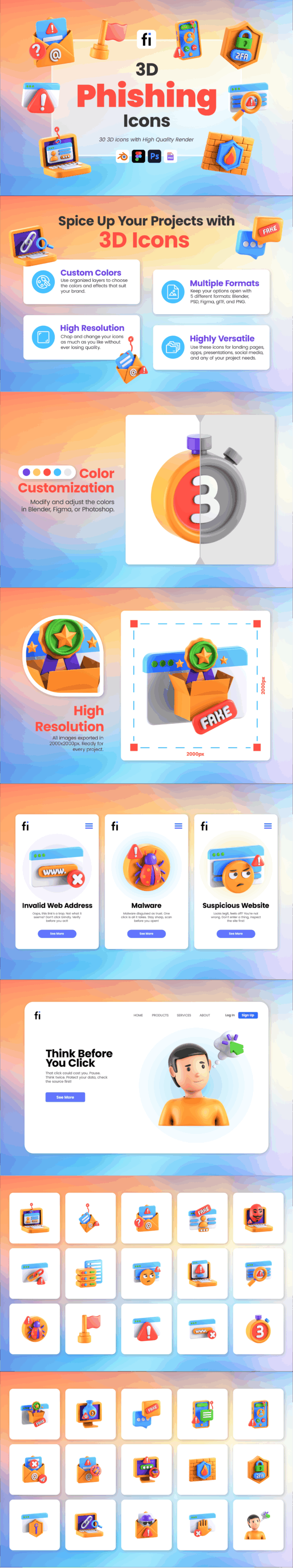 3D Phishing Icon Set - Flat Icons