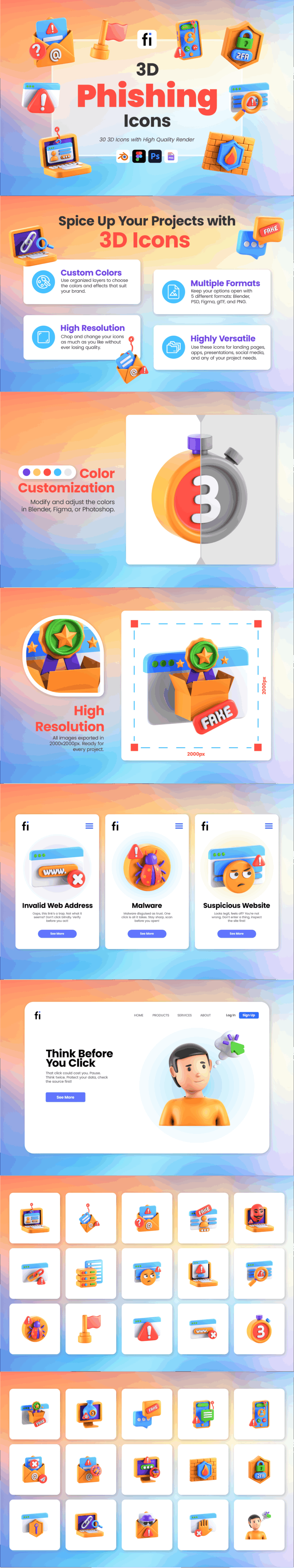 3D Phishing Icon Set - Flat Icons