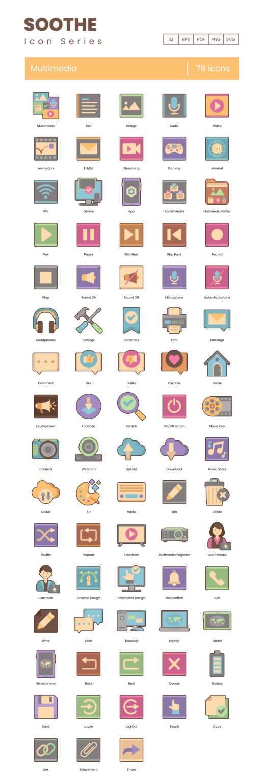 78 Digital Media Icon Set - Flat Icons