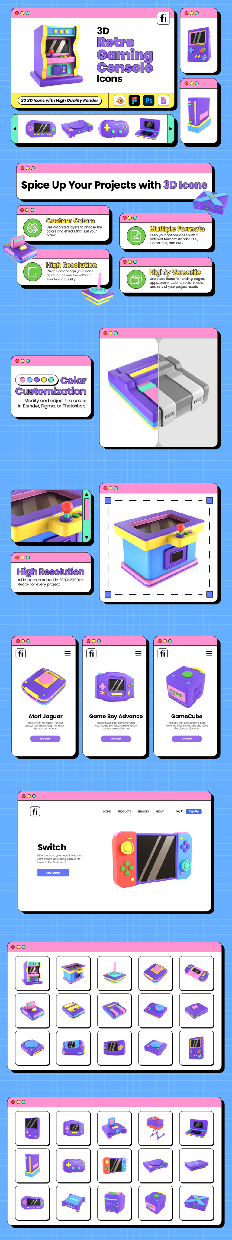 3D Retro Gaming Icon Set - Flat Icons