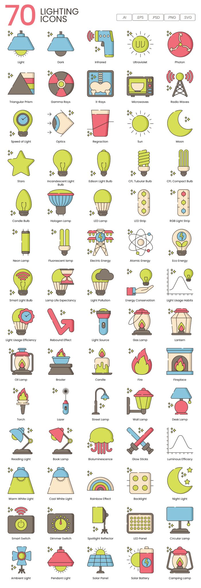 70 Illumination Icon Set - Flat Icons