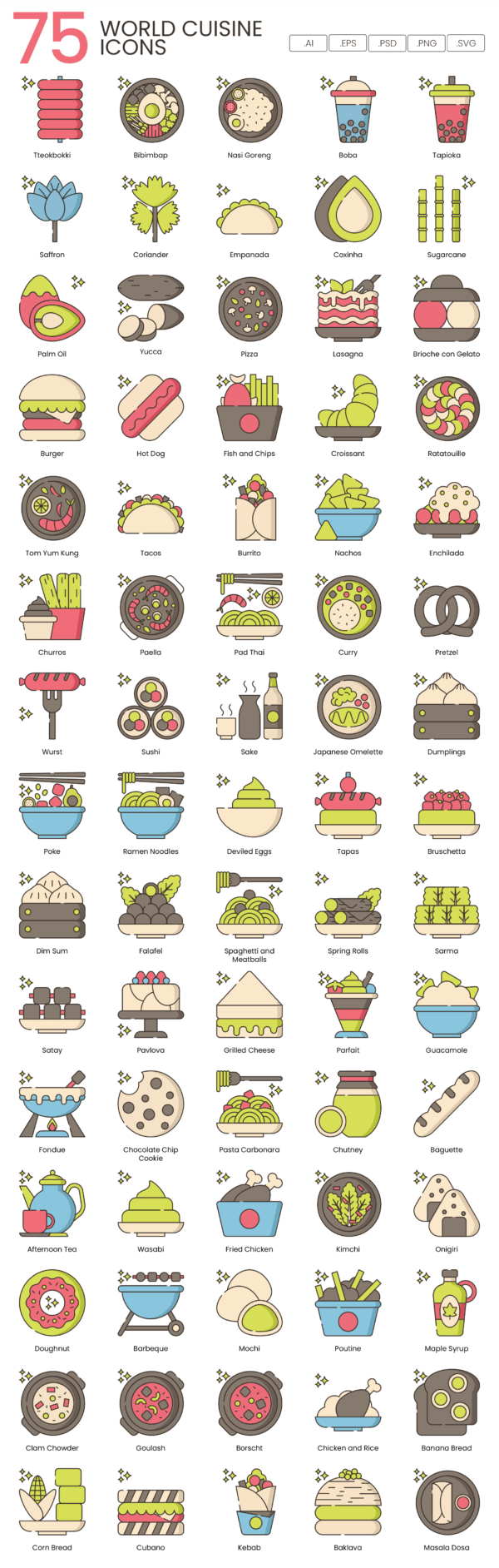 75 Global Food Icon Set - Flat Icons