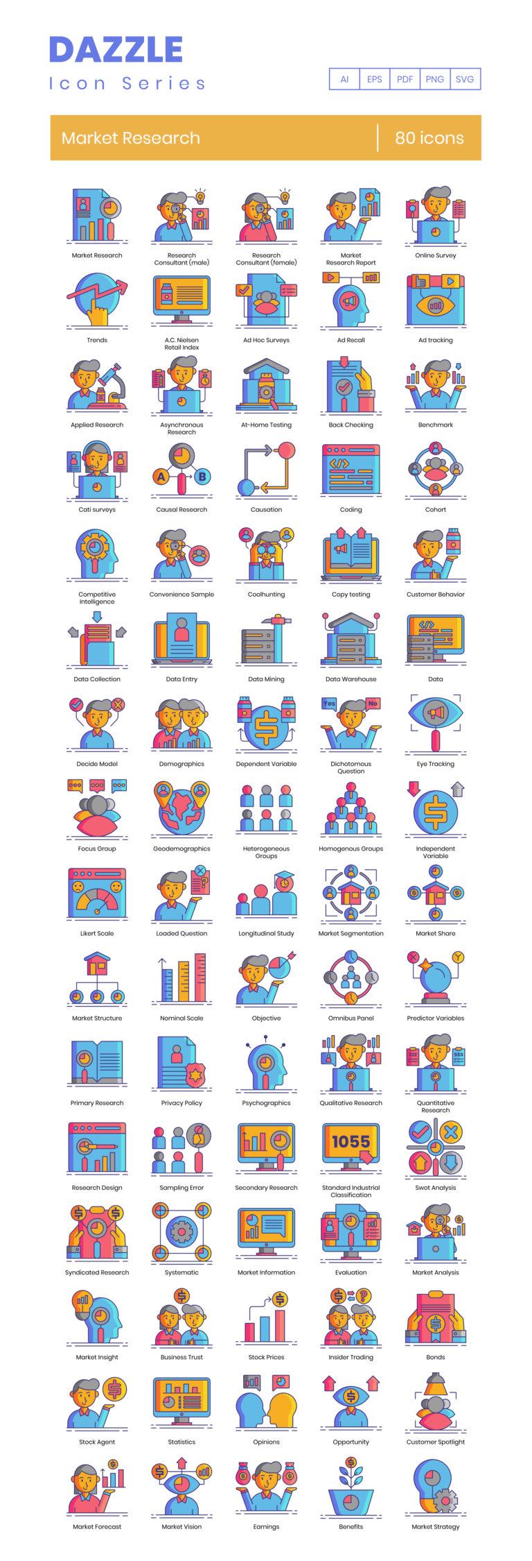 80 Market Research Icon Set - Flat Icons
