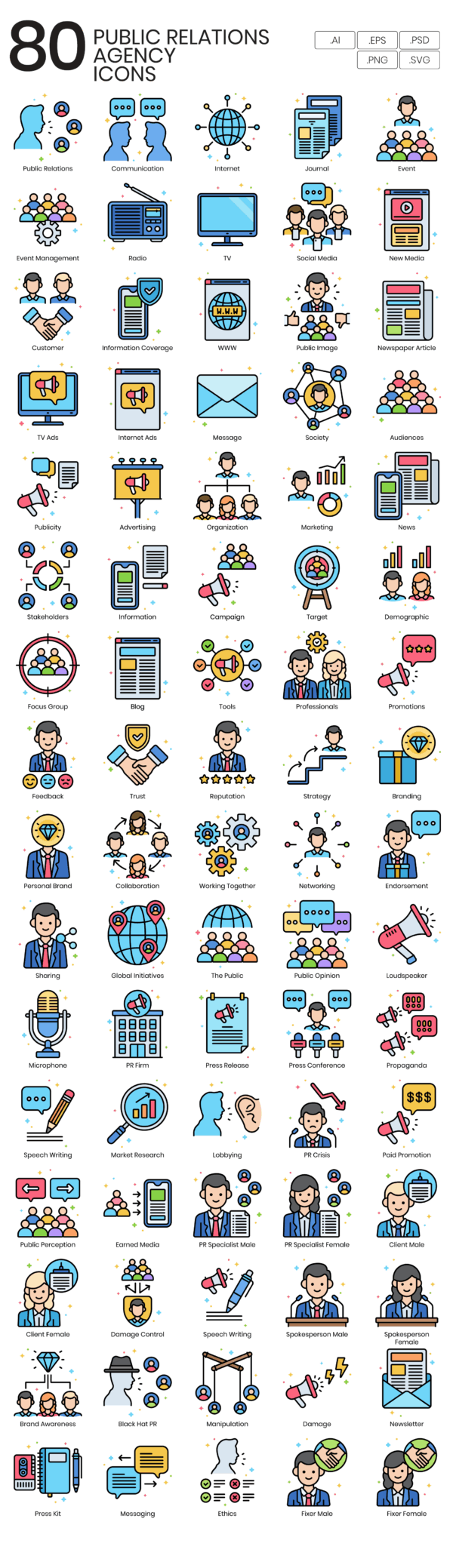 80 Public Relations Agency Icon Set - Flat Icons