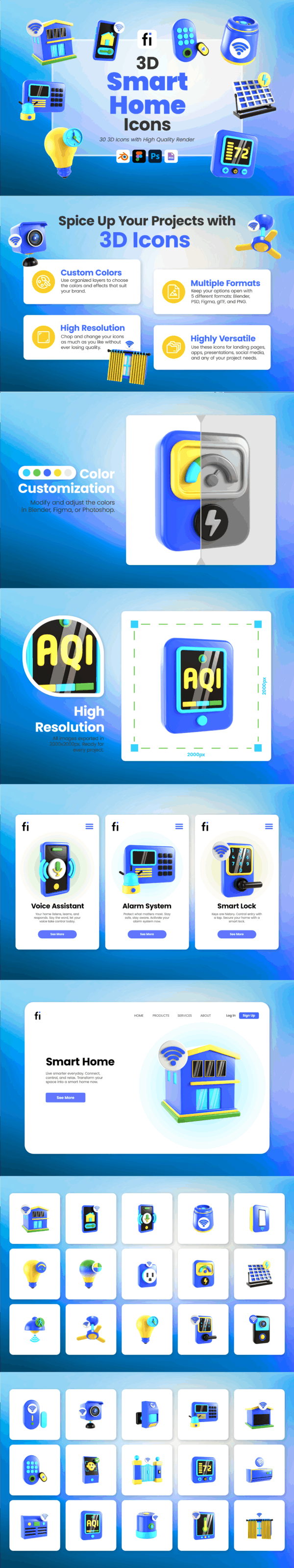 3D Smart Home Icon Set - Flat Icons