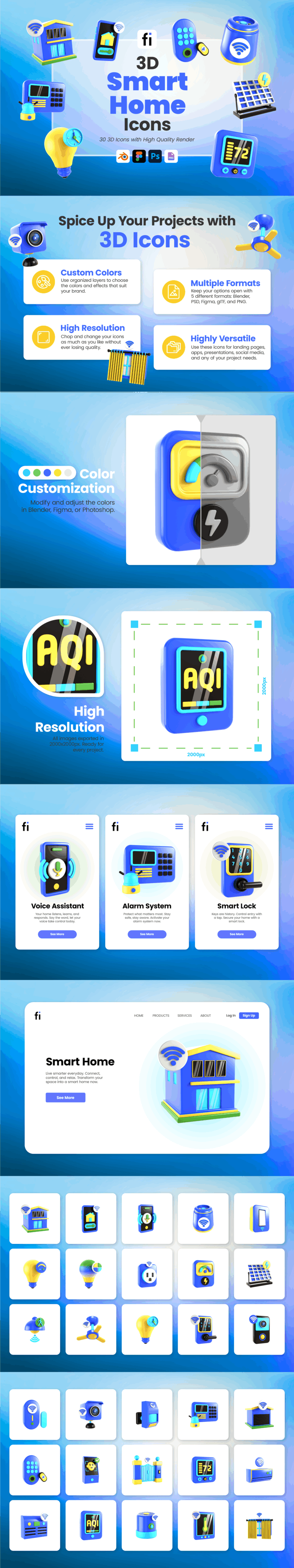 3D Smart Home Icon Set - Flat Icons