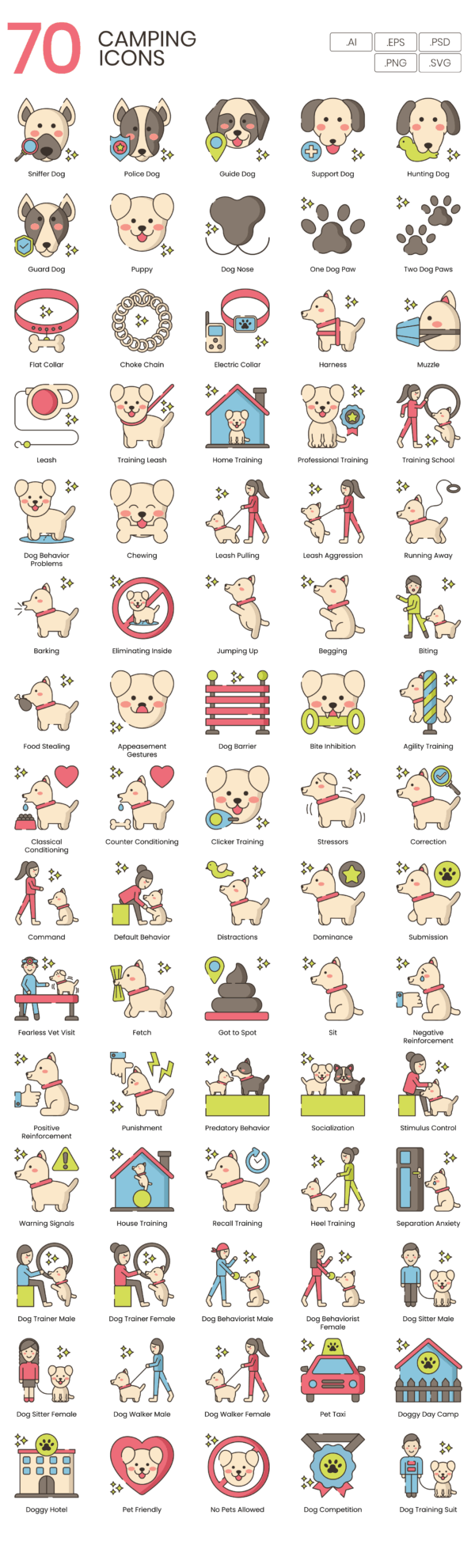 75 Dog Training Icon Set - Flat Icons