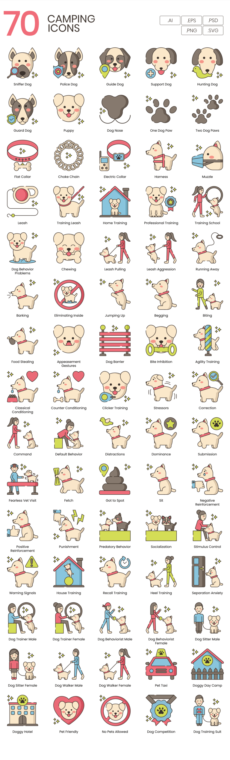 75 Dog Training Icon Set - Flat Icons