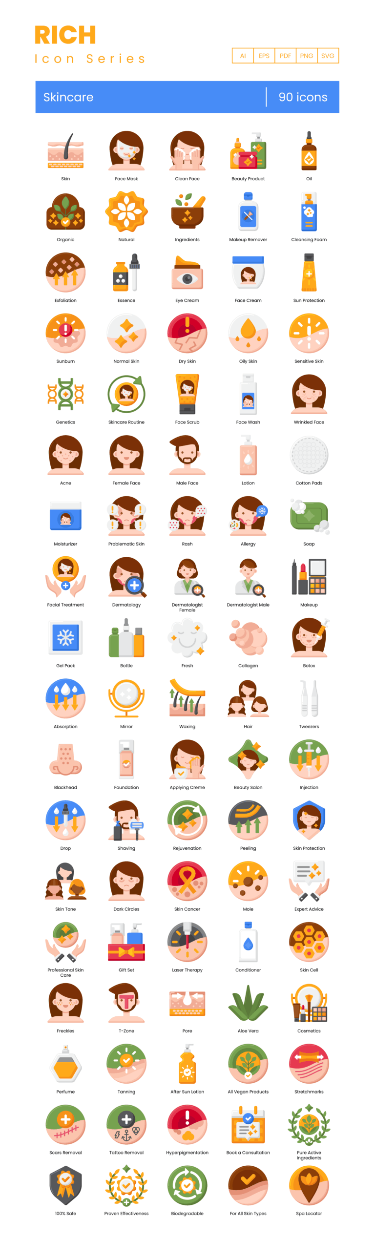 90 Skin Health Icon Set - Flat Icons