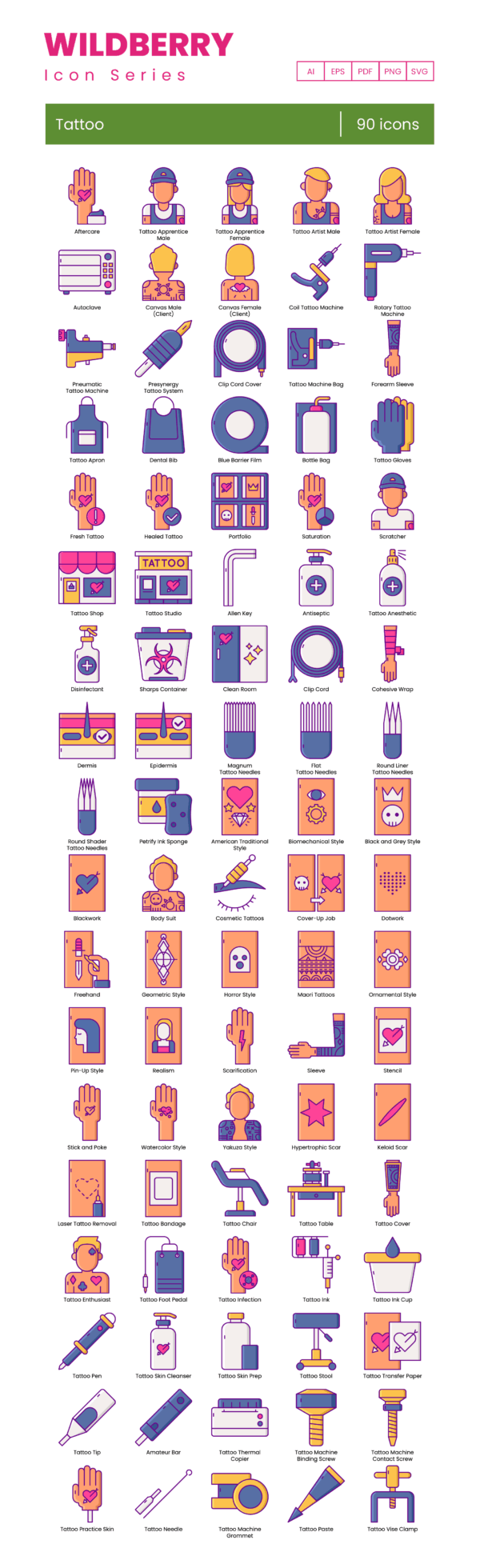 90 Tattoo Studio Icon Set - Flat Icons