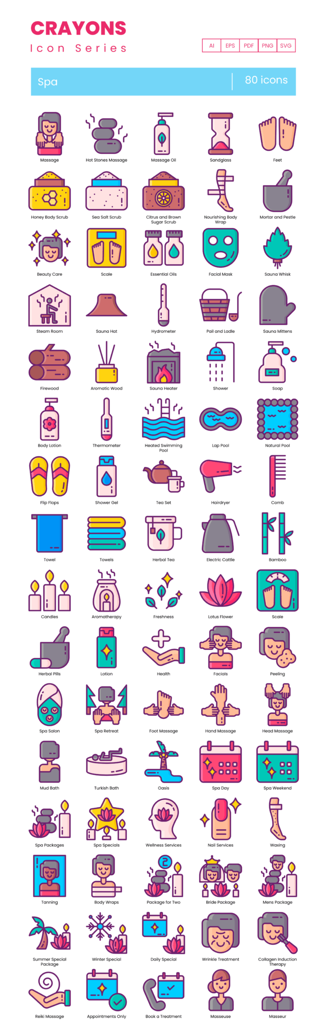 80 Wellness Center Icon Set - Flat Icons