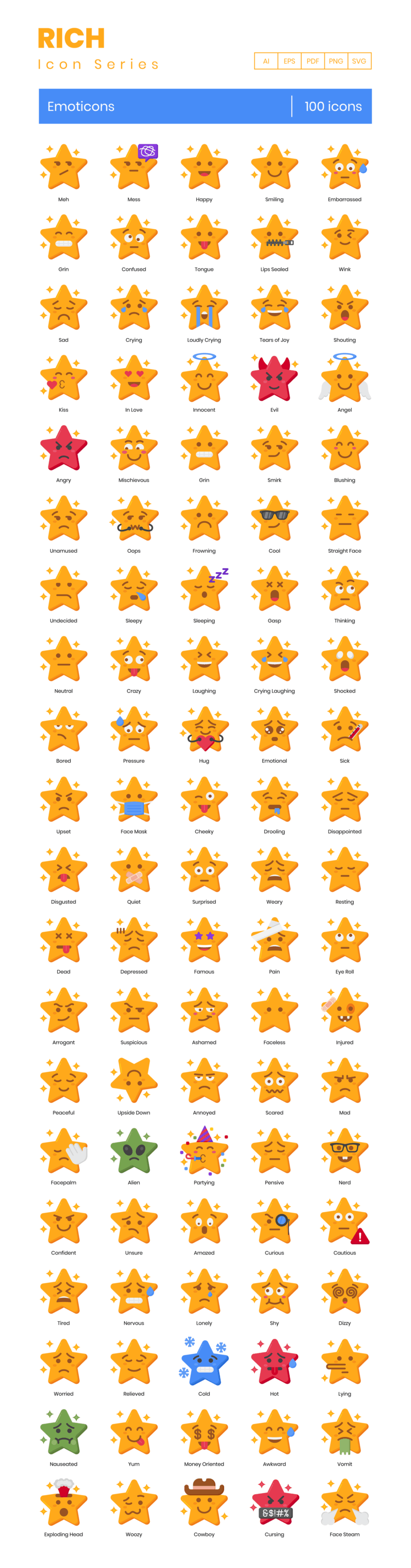 100 Smilies Emoticons Icon Set - Flat Icons