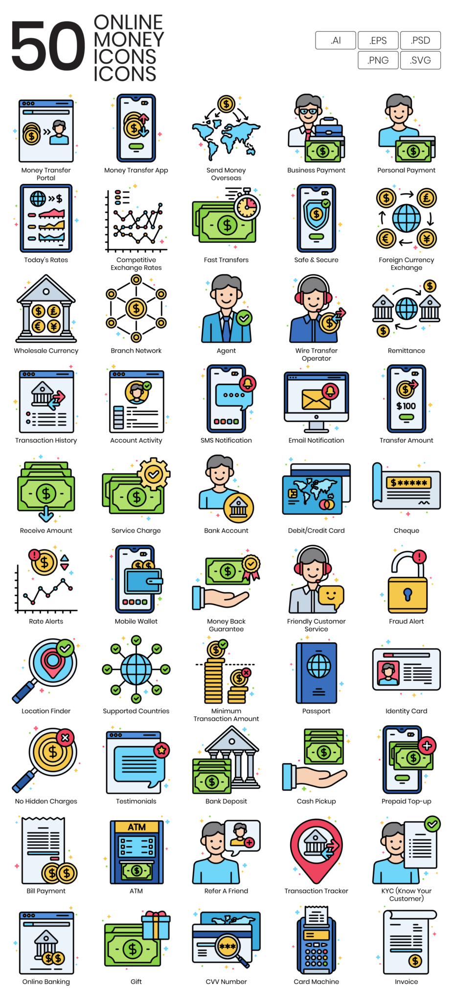 50 Money Transfer Icon Set - Flat Icons