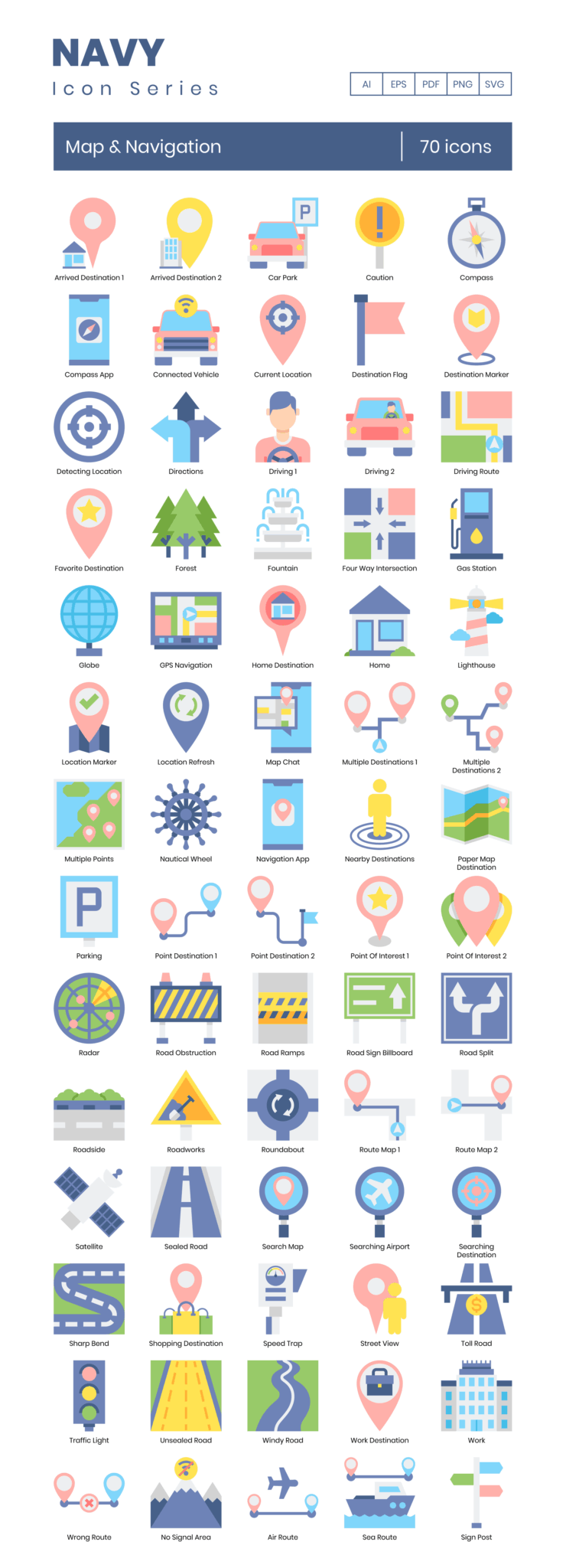 70 Route Finder Icon Set - Flat Icons