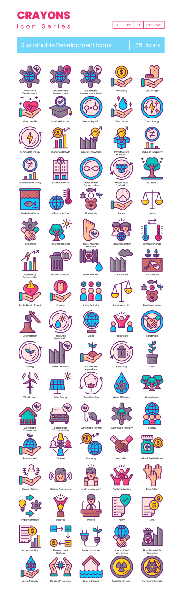 85 Sustainable Development Icon Set - Flat Icons