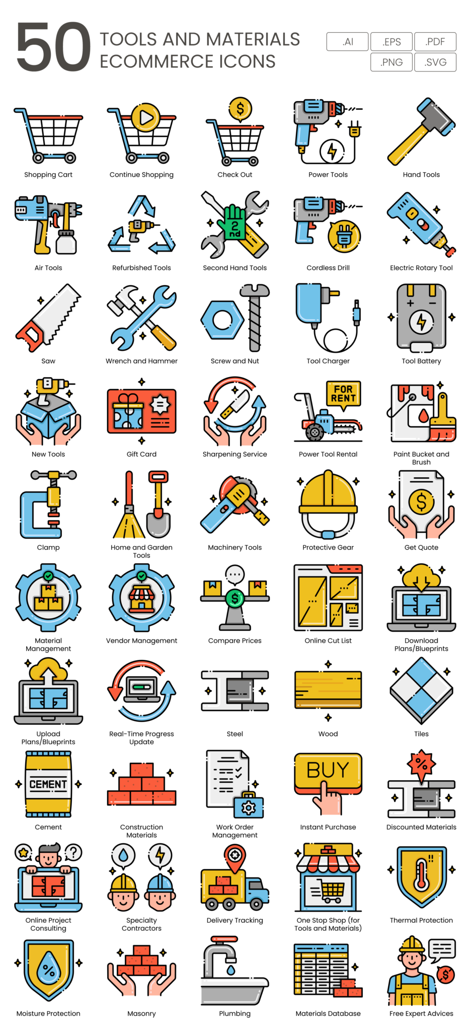 50 Tool Shop Icon Set - Flat Icons