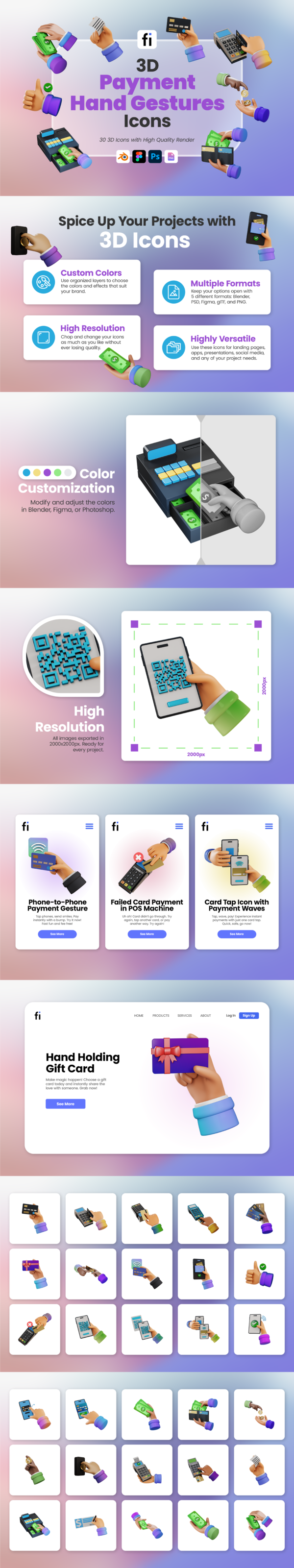 3D Payment Hand Gesture Icon Set - Flat Icons