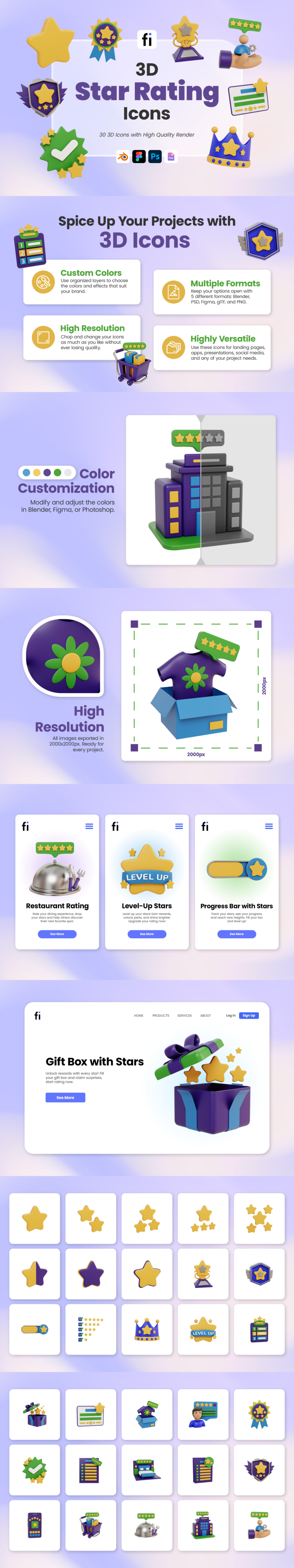 3D Star Rating Icon Set - Flat Icons